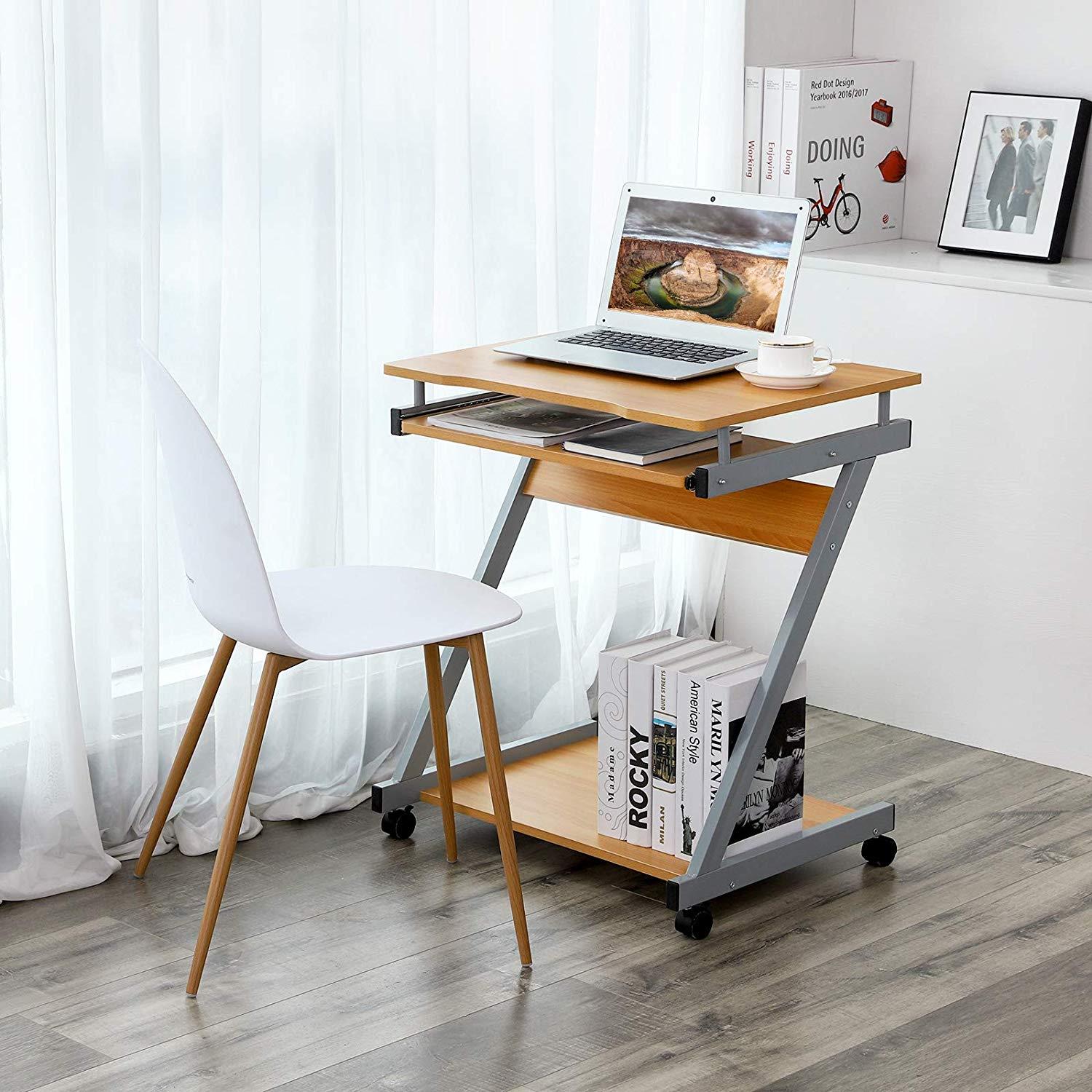 Computertisch mit Rollen FREIBURG, Holz, Farbe Buche - buerostuhlpro.de